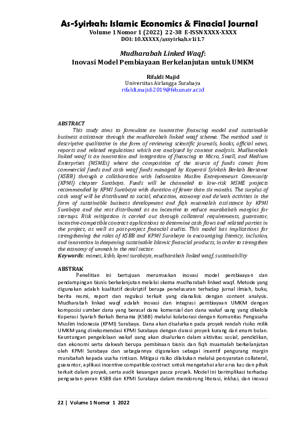 (PDF) Mudharabah Linked Waqf