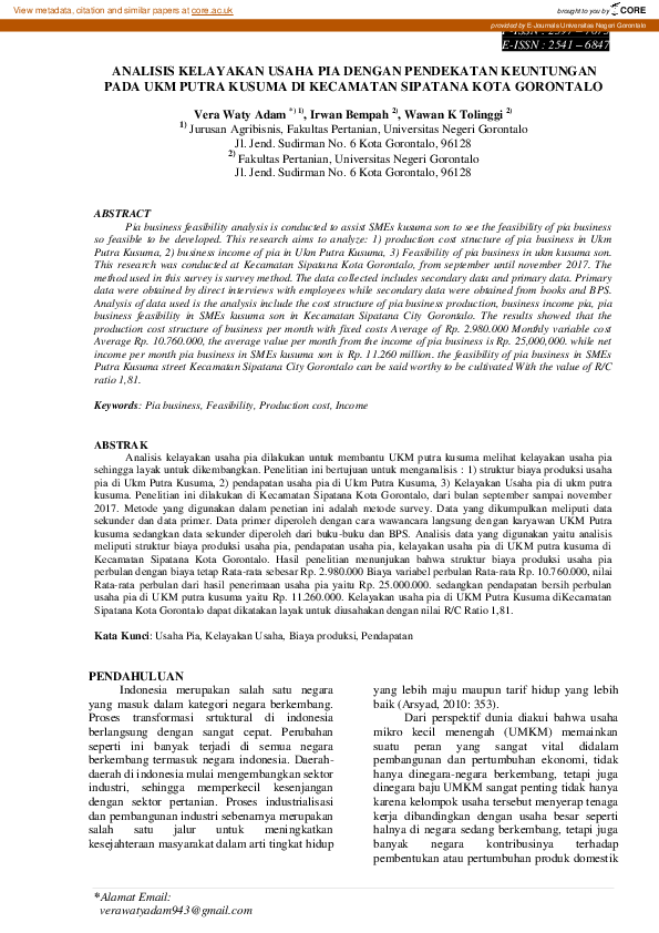 (PDF) Analisis Kelayakan Usaha Pia Dengan Pendekatan Keuntungan Pada ...
