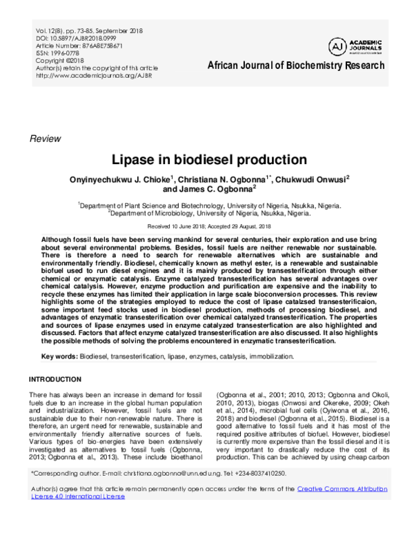 (PDF) Lipase in biodiesel production