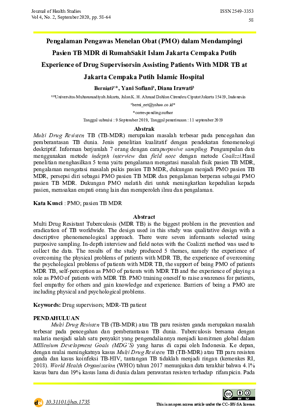 (PDF) Pengalaman Pengawas Menelan Obat (PMO) dalam Mendampingi Pasien TB MDR di Rumah Sakit ...
