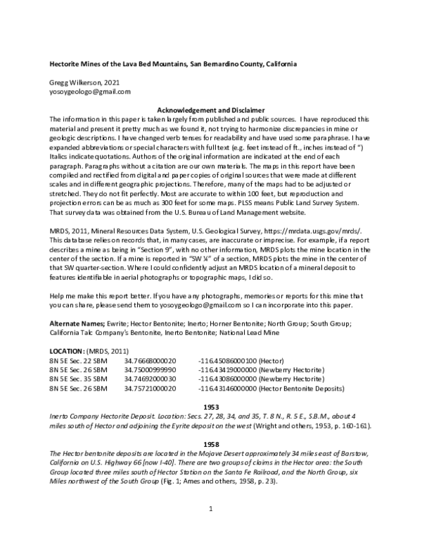 (PDF) HECTORITE MINES OF THE LAVA MOUNTAINS, SAN BERNARDINO COUNTY ...