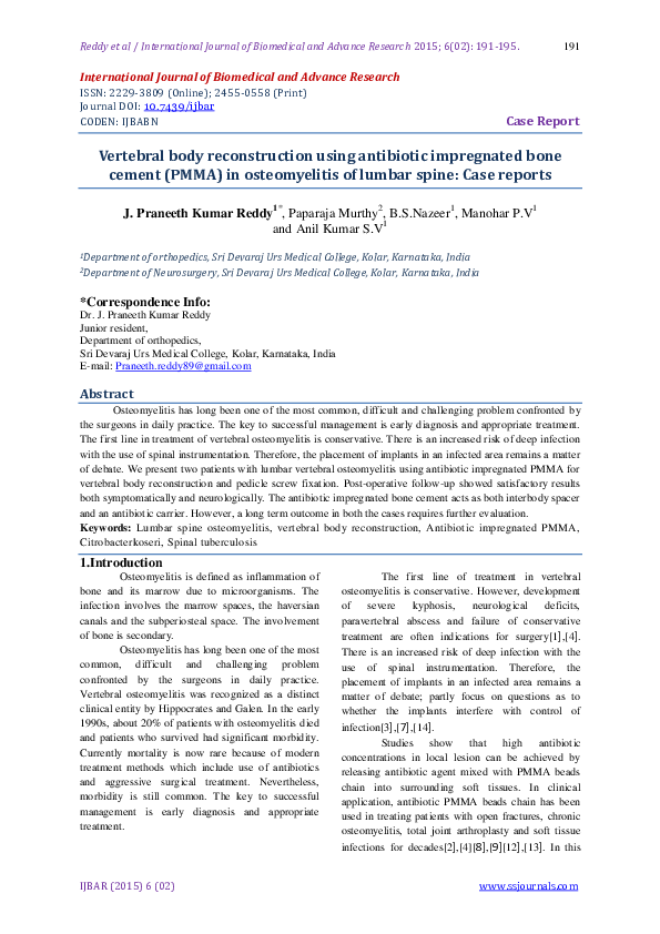 (PDF) Vertebral body reconstruction using antibiotic impregnated bone cement (PMMA) in ...