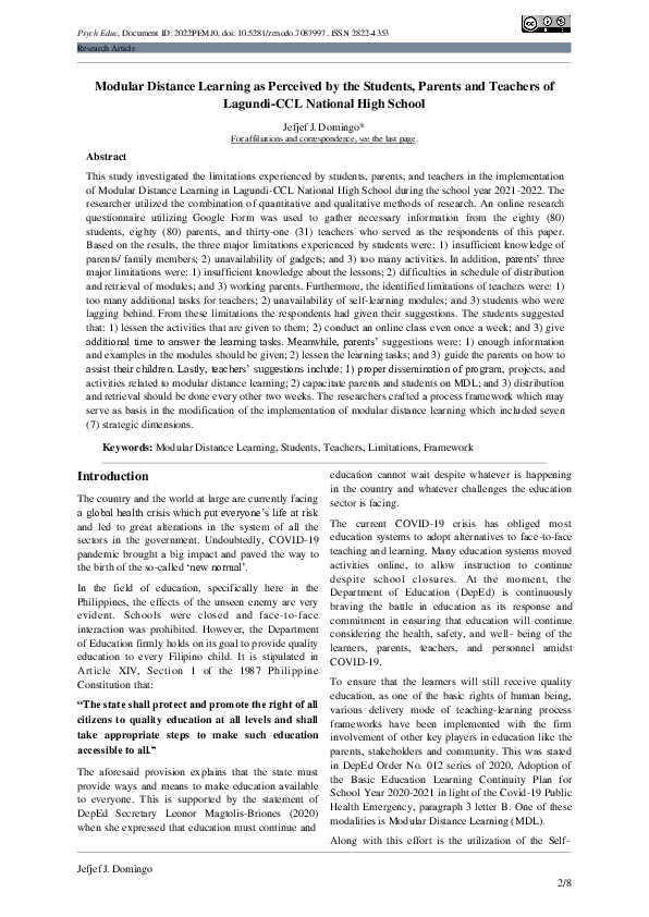 (PDF) Modular Distance Learning as Perceived by the Students, Parents and Teachers of Lagundi ...