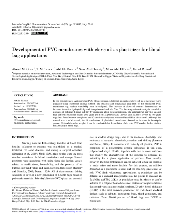(PDF) Development of PVC membranes with clove oil as plasticizer for ...