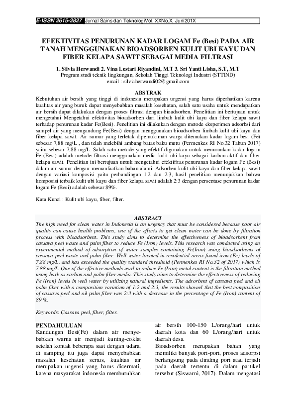 (PDF) EFEKTIVITAS PENURUNAN KADAR LOGAM Fe (Besi) PADA AIR TANAH ...