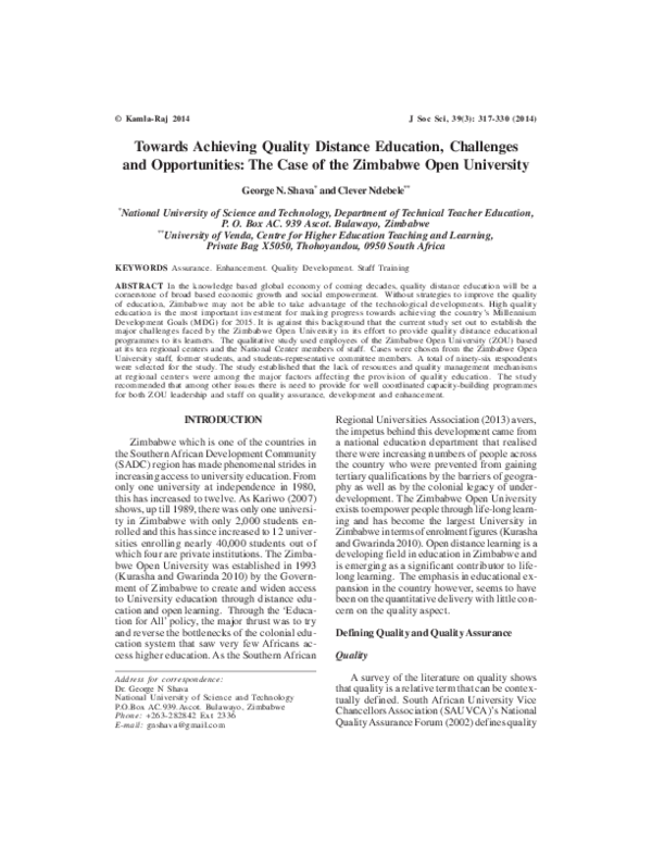 (PDF) Towards Achieving Quality Distance Education, Challenges and Opportunities: The Case of ...