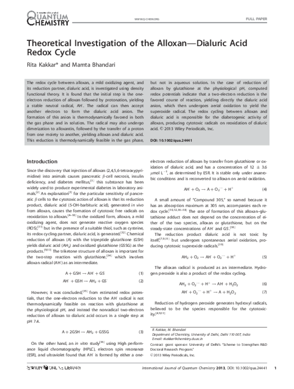 (PDF) Theoretical investigation of the alloxan-dialuric acid redox cycle
