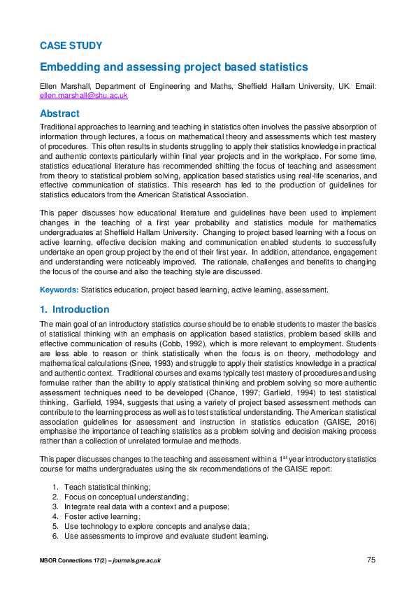 (PDF) Embedding and assessing project based statistics