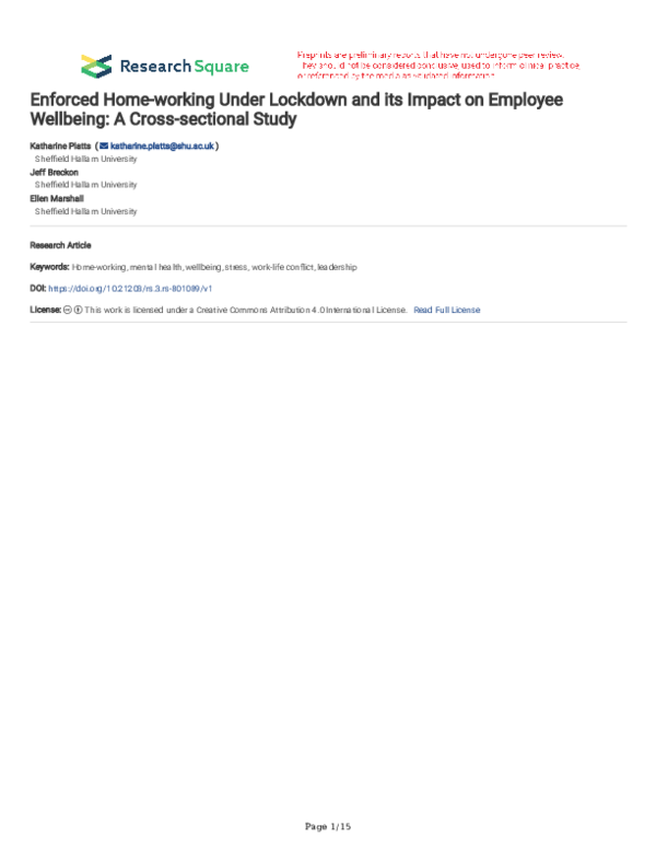 (PDF) Enforced Home-working Under Lockdown and its Impact on Employee ...