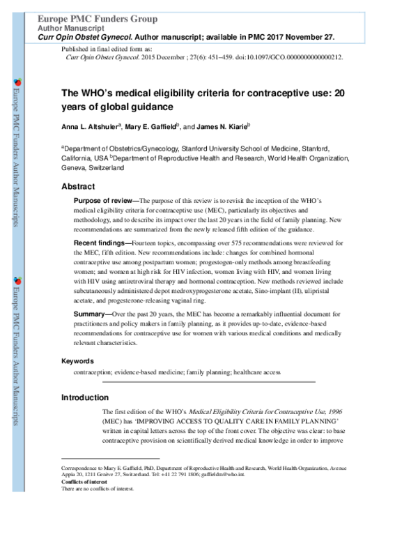 (PDF) The WHO's medical eligibility criteria for contraceptive use