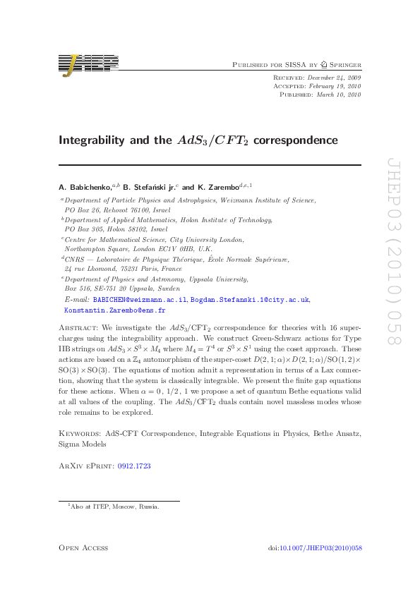 (PDF) Integrability and the AdS 3/CFT 2 correspondence