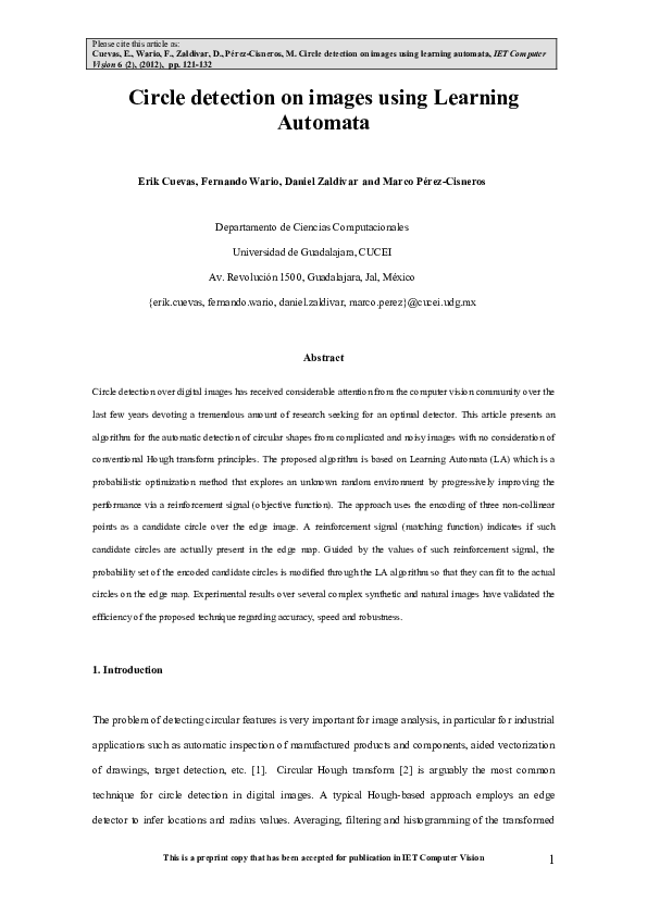 Pdf Circle Detection On Images Using Learning Automata