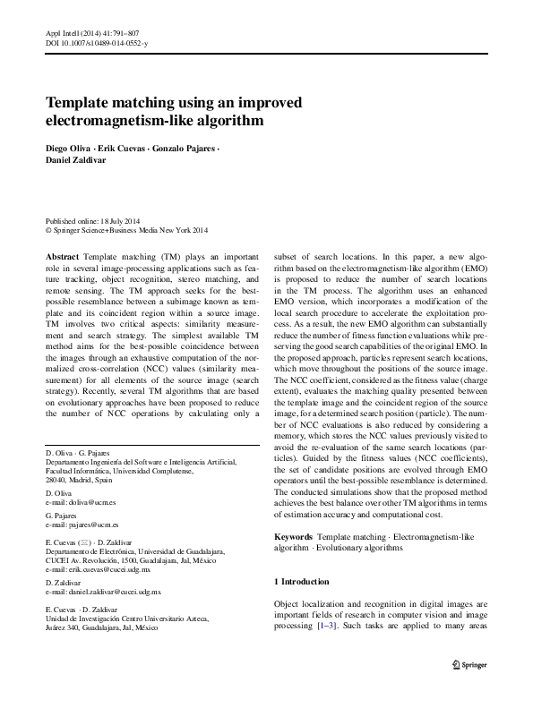 Pdf Template Matching Using An Improved Electromagnetism Like Algorithm