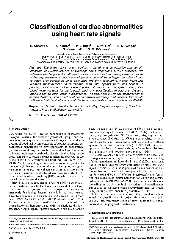 Pdf Classification Of Cardiac Abnormalities Using Heart Rate Signals