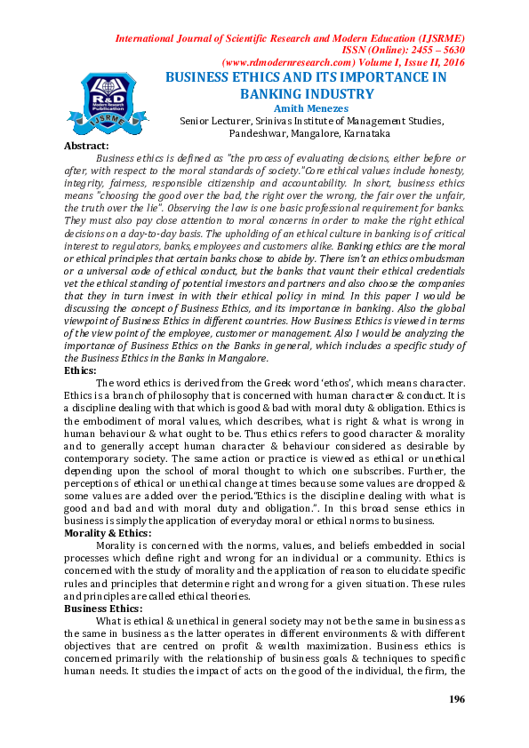 (PDF) Business Ethics And Its Importance In Banking Industry (PDF) Business Ethics And Its Importance In Banking Industry