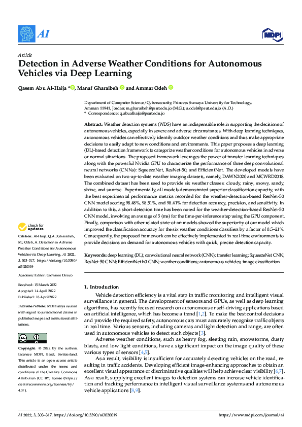 Pdf Detection In Adverse Weather Conditions For Autonomous Vehicles