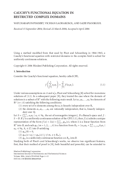 (PDF) Cauchy's functional equation in restricted complex domains