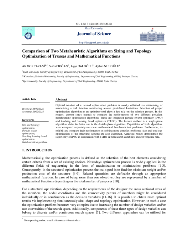 Pdf Comparison Of Two Metaheuristic Algorithms On Sizing And Topology Optimization Of Trusses
