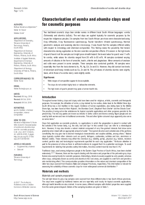 (PDF) Characterisation of vumba and ubumba clays used for cosmetic purposes