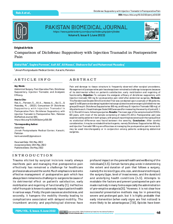 (PDF) Comparison Of Diclofenac Suppository with Injection Tramadol In ...