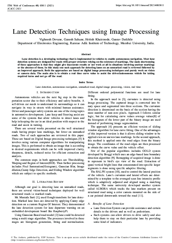 (PDF) Lane Detection Techniques using Image Processing