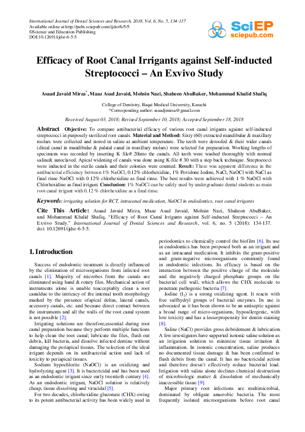 (PDF) Efficacy of Root Canal Irrigants against Self-inducted Streptococci – An Exvivo Study