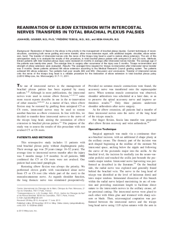 (PDF) Reanimation of elbow extension with intercostal nerves transfers ...