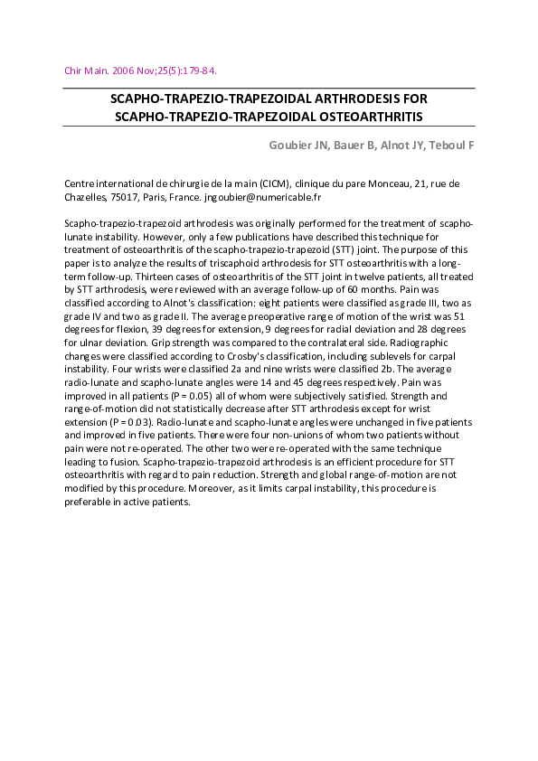 (PDF) [Scapho-trapezio-trapezoidal arthrodesis for scapho-trapezio ...