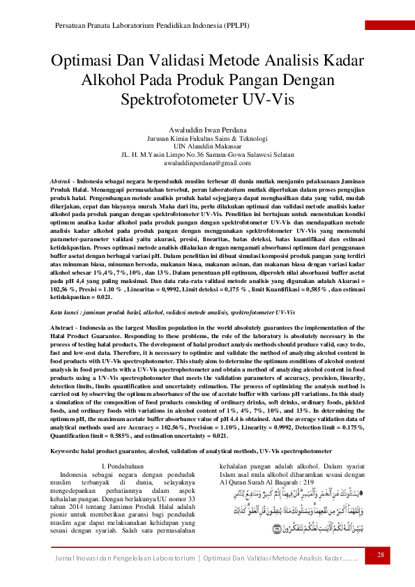 (PDF) Optimasi Dan Validasi Metode Analisis Kadar Alkohol Pada Produk Pangan Dengan ...
