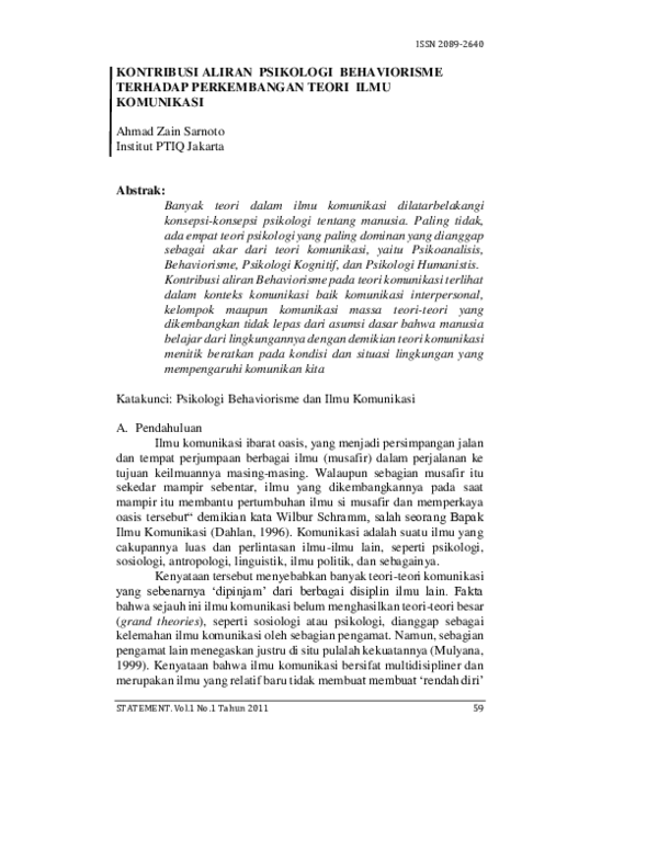 (PDF) Kontribusi Aliran Psikologi Behaviorisme Terhadap Perkembangan Teori Ilmu Komunikasi