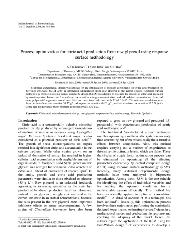 (PDF) Process optimization for citric acid production from raw glycerol using response surface ...