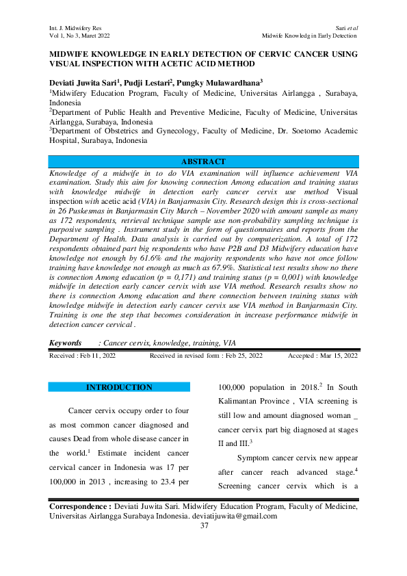 (PDF) Midwife Knowledge in Early Detection of Cervical Cancer Using ...