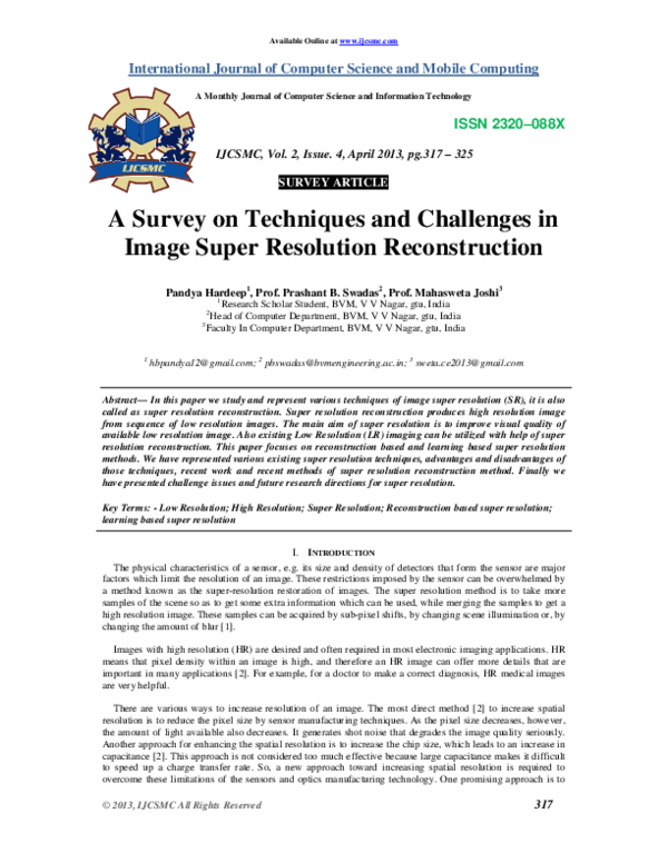 (PDF) A Survey on Techniques and Challenges in Image Super Resolution Reconstruction
