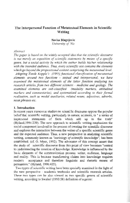 (PDF) The Interpersonal Function of Metatextual Elements in Scientific ...
