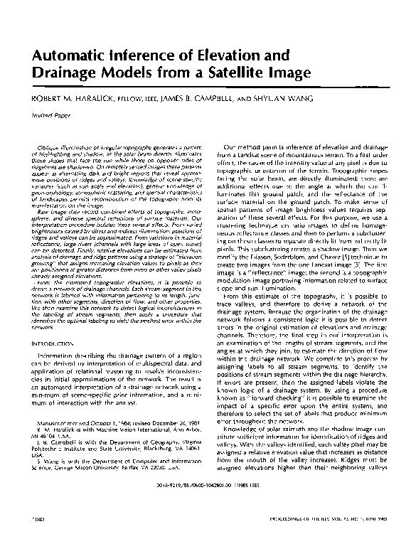 Pdf Automatic Inference Of Elevation And Drainage Models From A Satellite Image Robert