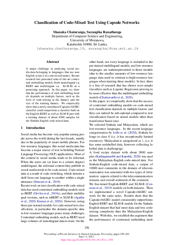 (PDF) Classification of Code-Mixed Text Using Capsule Networks