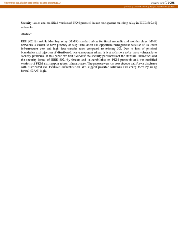 (PDF) Security issues and modified version of PKM protocol in non-transparent multihop relay in ...