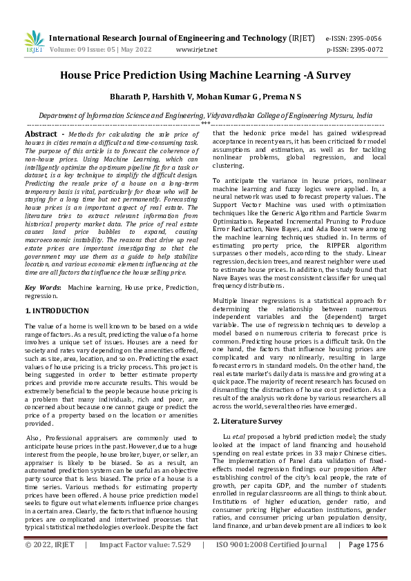 (PDF) House Price Prediction Using Machine Learning -A Survey