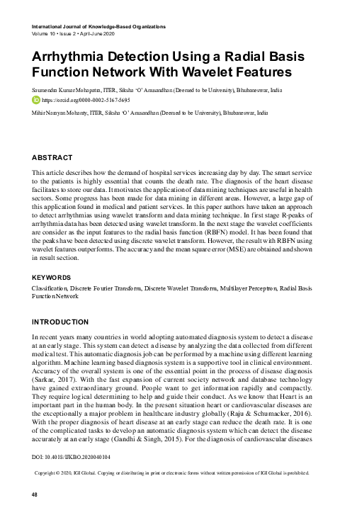 (PDF) Arrhythmia Detection Using a Radial Basis Function Network With Wavelet Features
