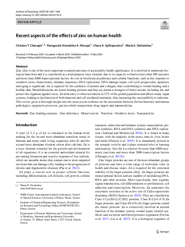 (PDF) Recent aspects of the effects of zinc on human health