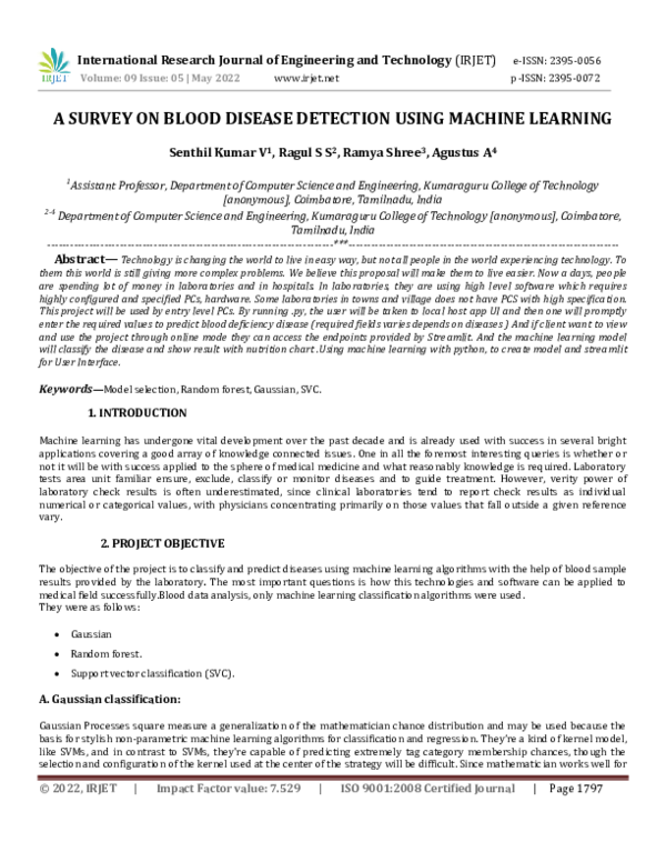 (PDF) A SURVEY ON BLOOD DISEASE DETECTION USING MACHINE LEARNING