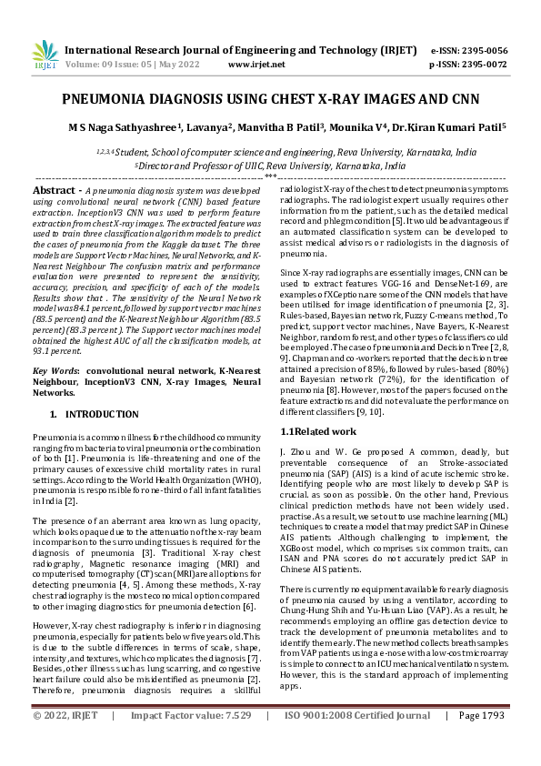 (PDF) PNEUMONIA DIAGNOSIS USING CHEST X-RAY IMAGES AND CNN