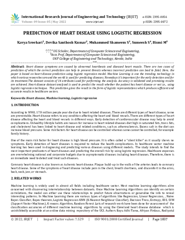 Pdf Prediction Of Heart Disease Using Logistic Regression