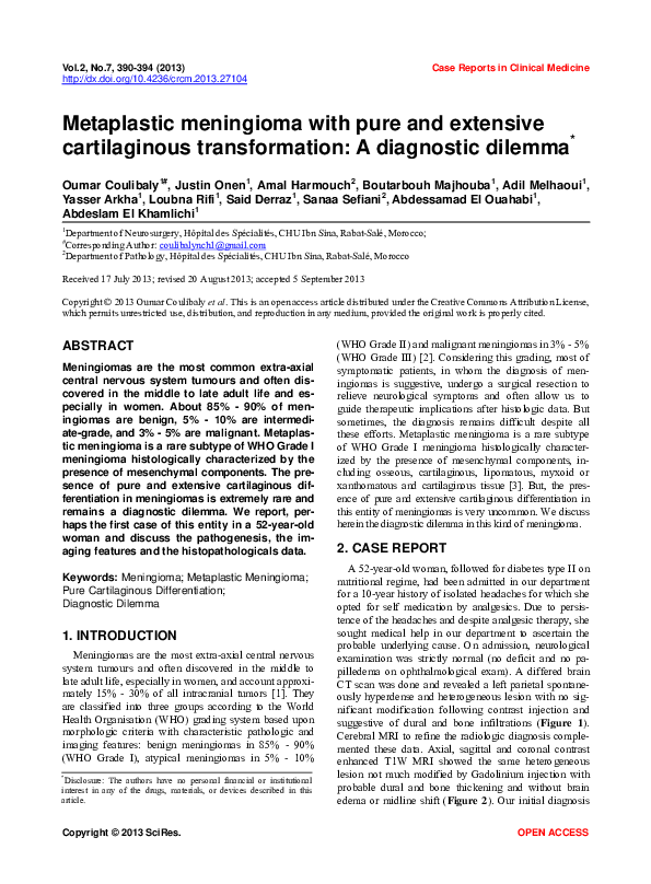 (PDF) Metaplastic meningioma with pure and extensive cartilaginous ...