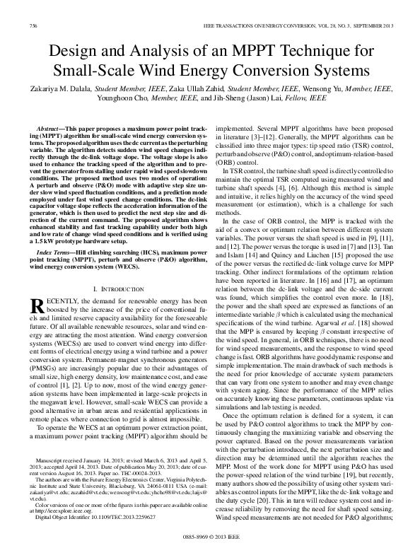 (PDF) Design and Analysis of an MPPT Technique for Small-Scale Wind Energy Conversion Systems