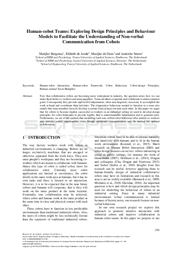 (PDF) Human-cobot Teams: Exploring Design Principles and Behaviour Models to Facilitate the ...