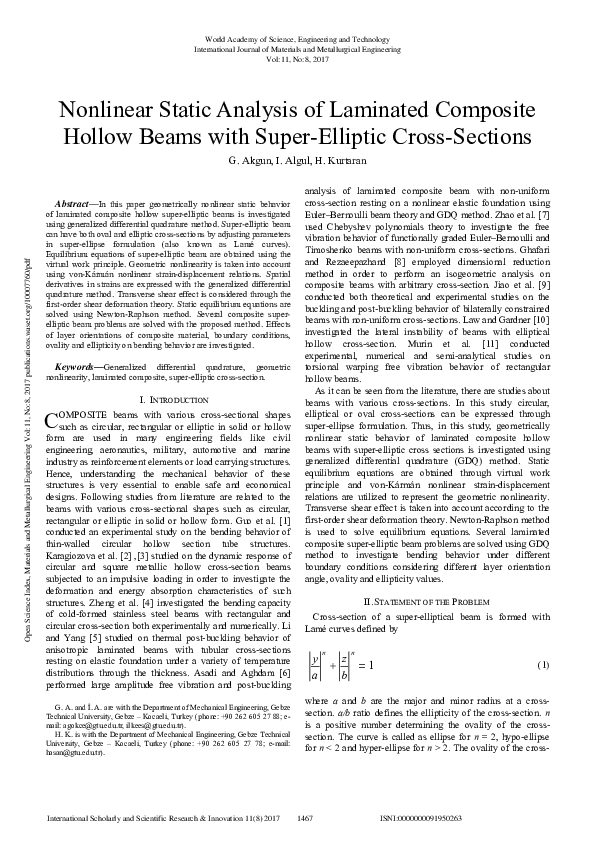 Pdf Nonlinear Static Analysis Of Laminated Composite Hollow Beams With Super Elliptic Cross
