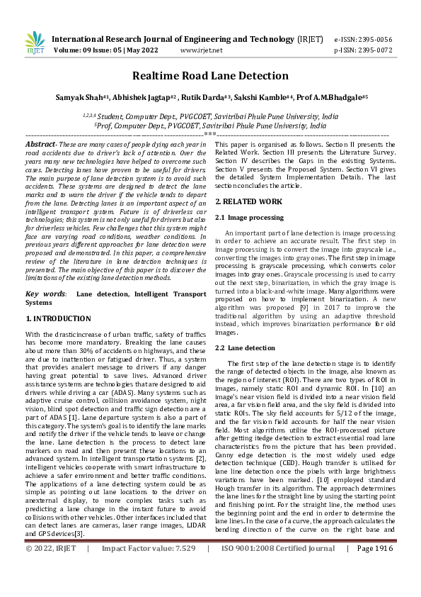 Pdf Realtime Road Lane Detection