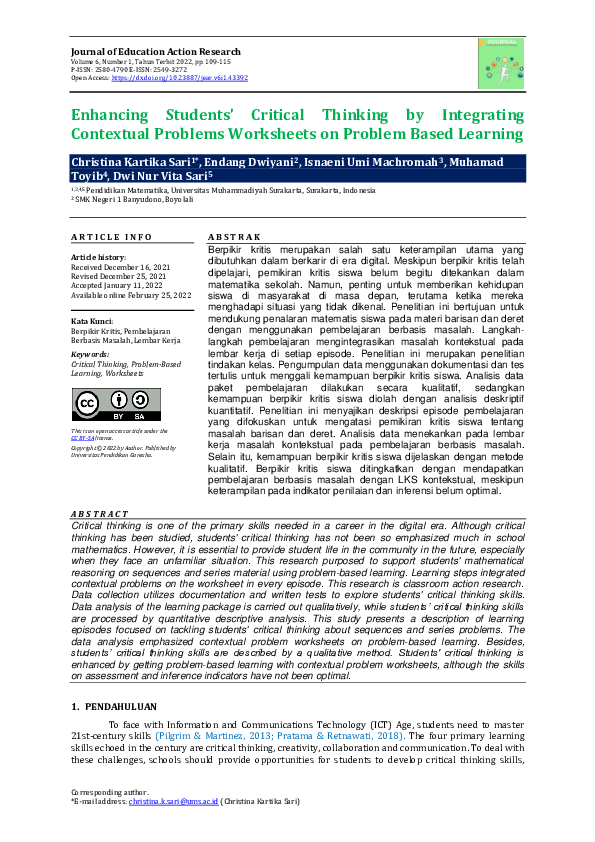 (PDF) Enhancing Students’ Critical Thinking by Integrating Contextual Problems Worksheets on ...