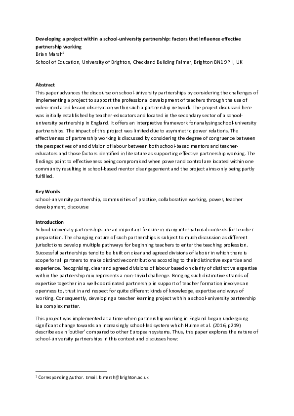 (PDF) Developing a project within a school-university partnership ...